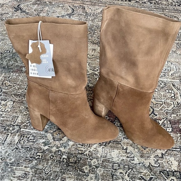 H&M | Shoes | Hm Premium Selection Suede Block Heel Boots In Brown 8 ...